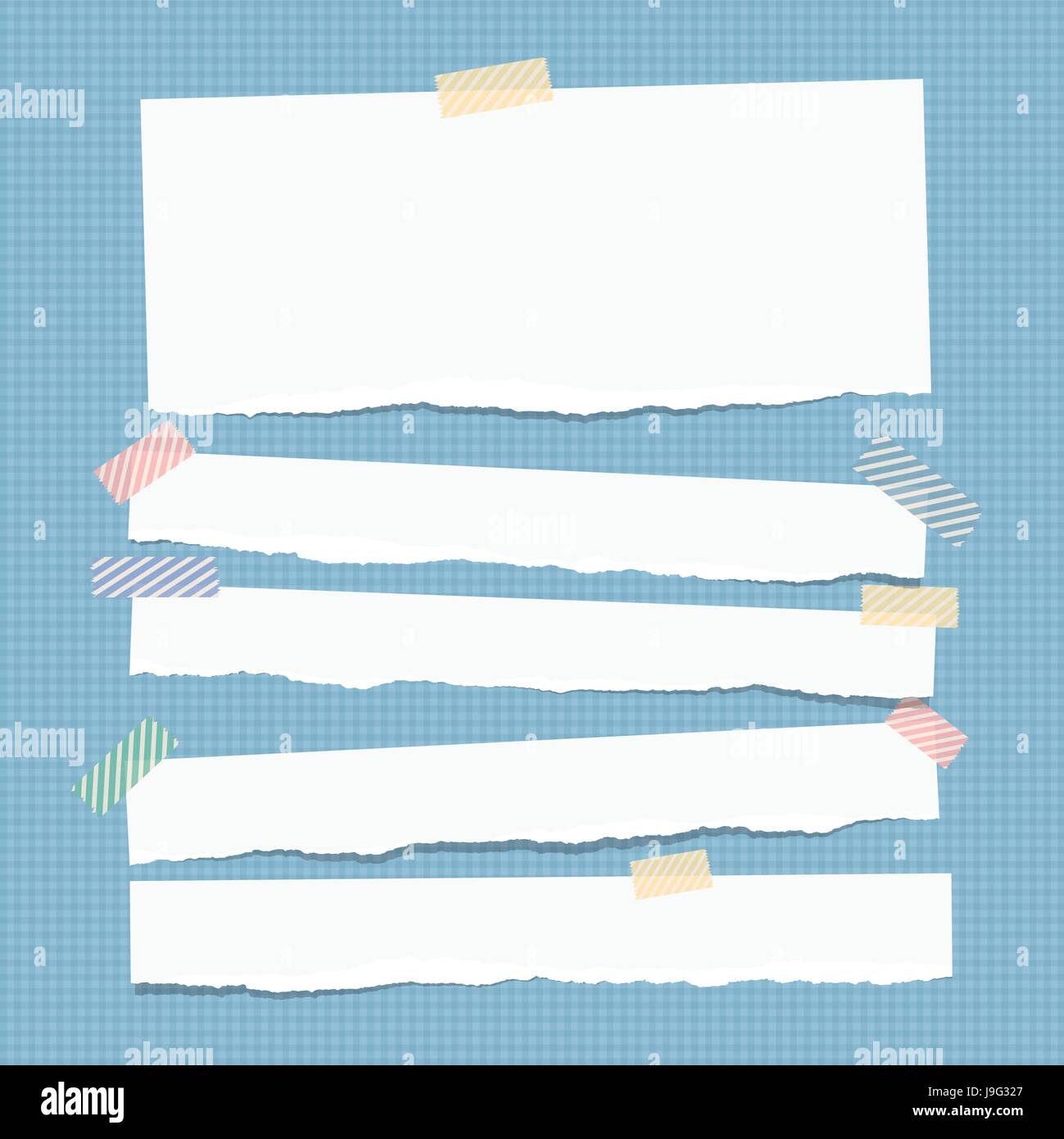 Ripped note, notebook, copybook paper strips stuck with sticky tape, on ...