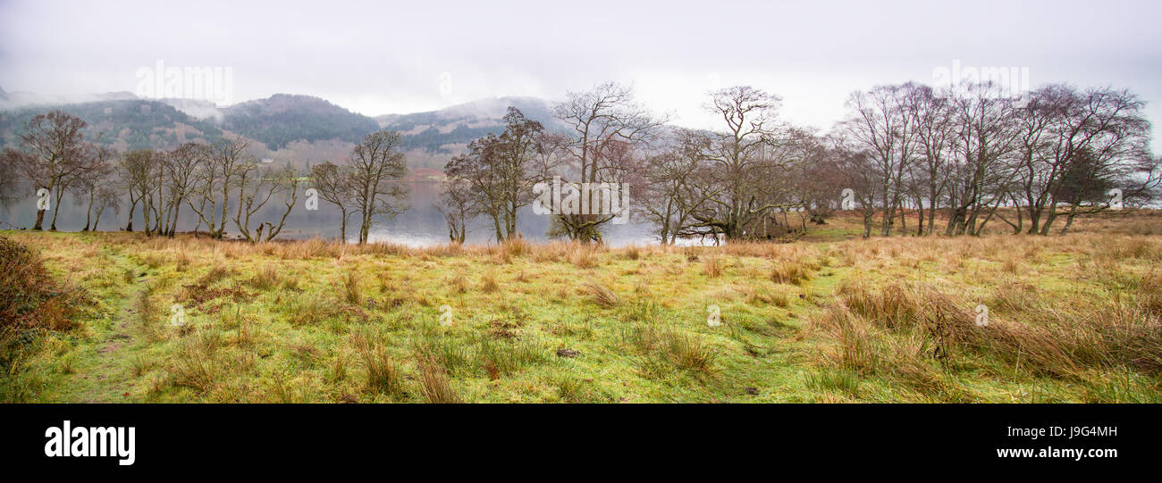 Scottish landscape; meadows, lakes, trees, mountains and clouds on sky ...