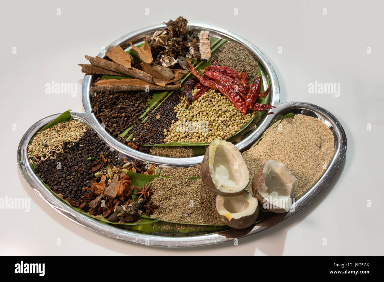 Various indian spices on a steel tray on white background Stock Photo ...