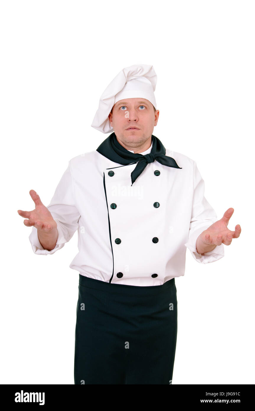 men, man, isolated, uniform, cook, chef, scared, surprised, astonished ...