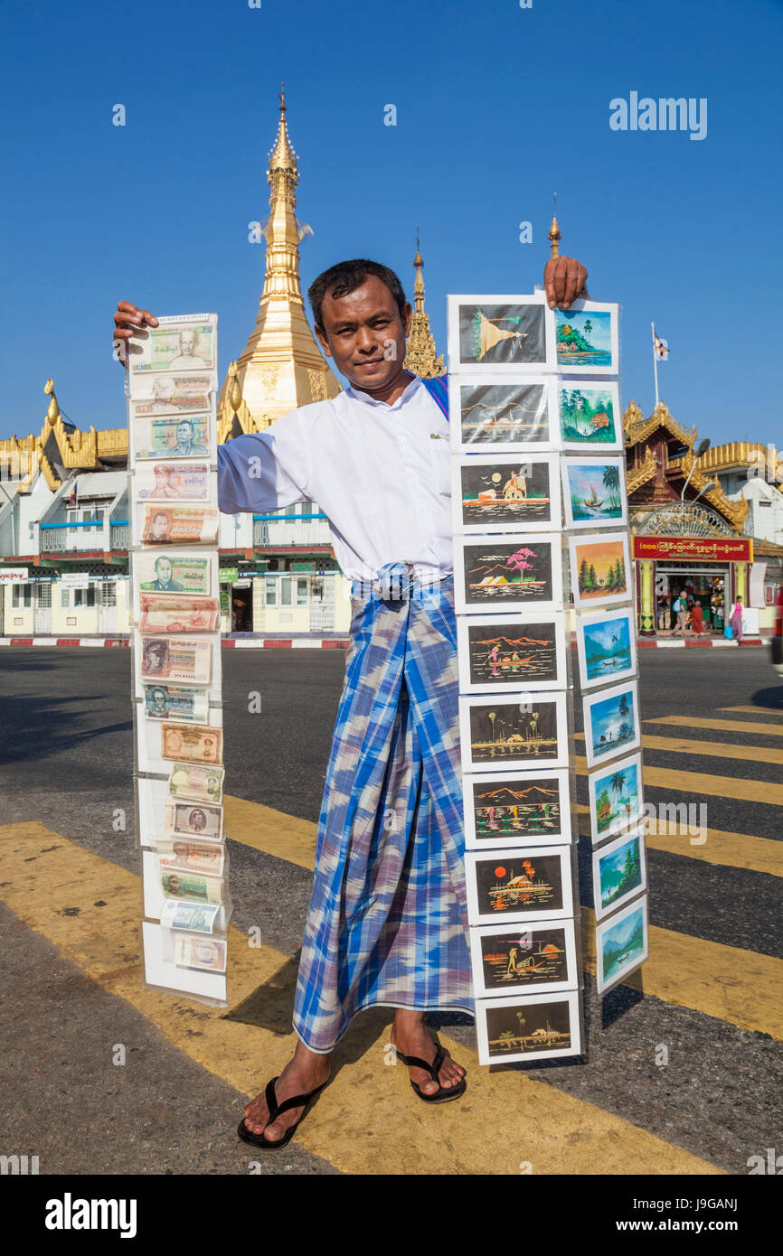 Myanmar, Yangon, Sule Pagoda, Souvenir Postcard and Banknote Vendor ...