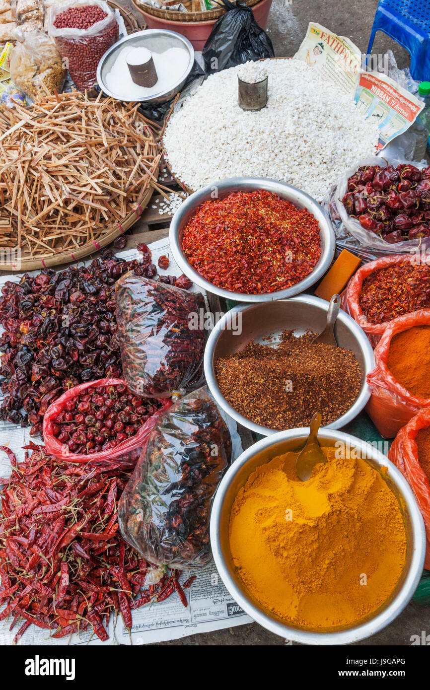 Myanmar, Yangon, Street Market, Chillies and Chilli Powder Stock Photo ...