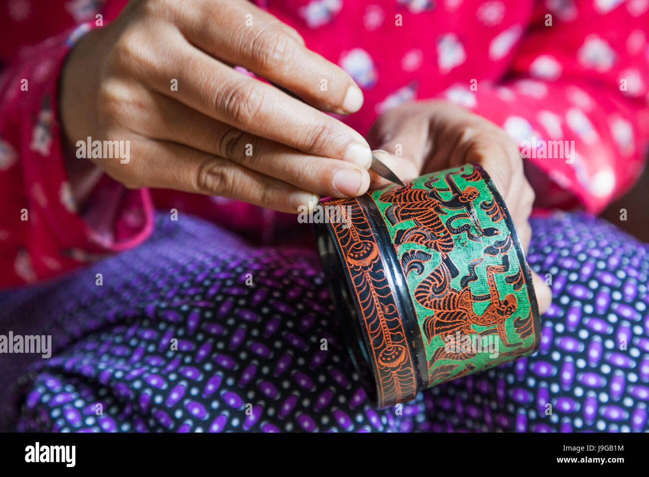 Myanmar, Bagan, Lacquerware Maker, Detail of Lacquerware Carving Stock ...