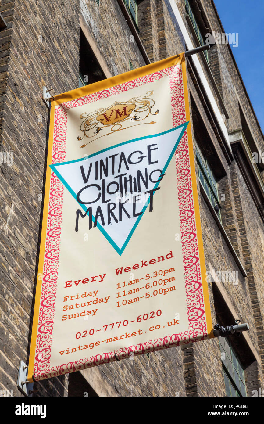 England, London, Shoreditch, Brick Lane, Vintage Clothing Market Sign ...