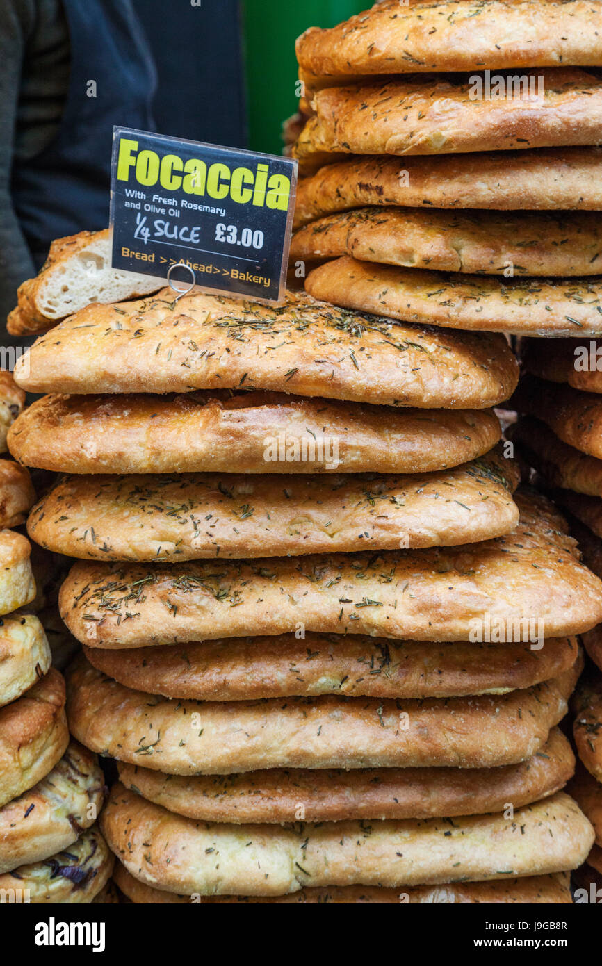 England, London, Southwark, Borough Market, Display of Focaccia Bread ...