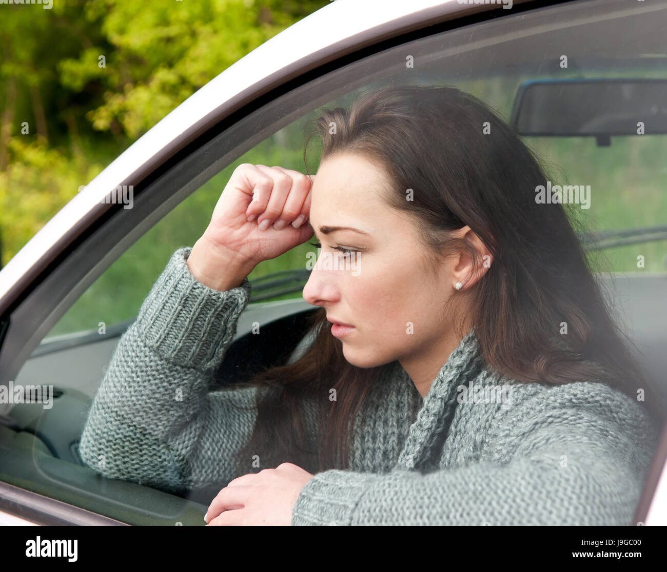 woman, meditative, sad, car, automobile, vehicle, means of travel ...