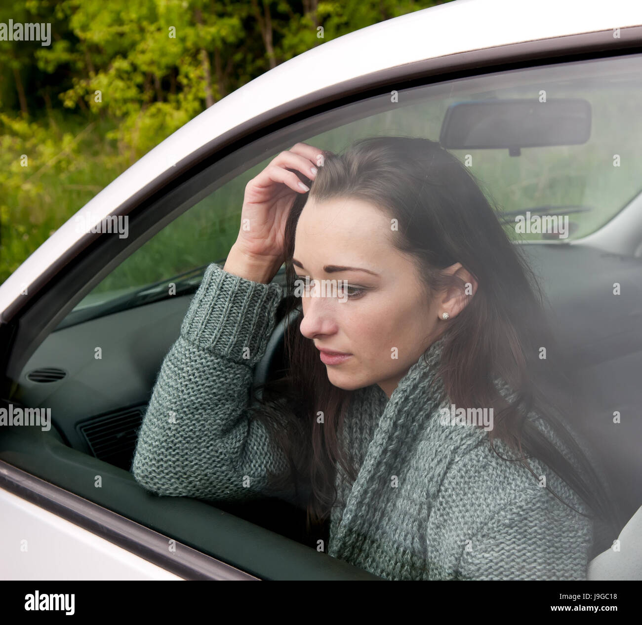 woman, meditative, sad, car, automobile, vehicle, means of travel ...