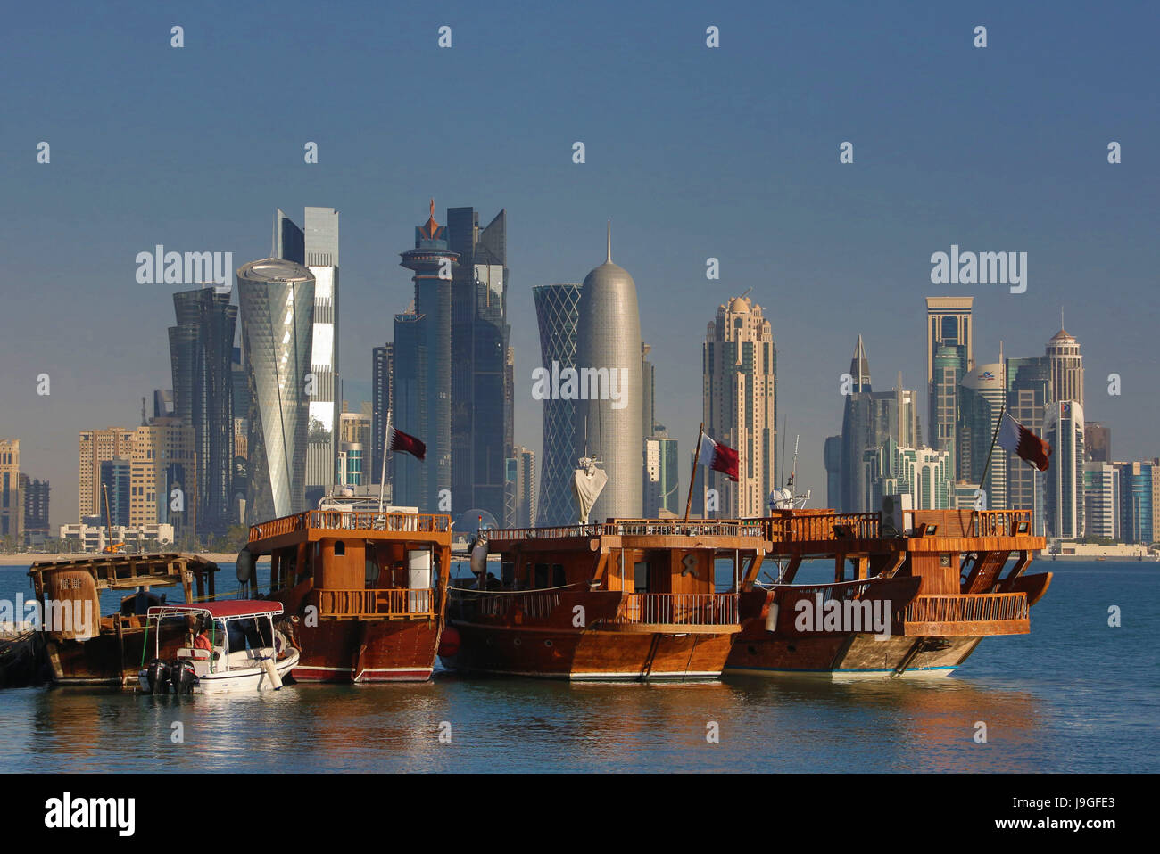 Qatar, Doha City, traditional boats and West Bay Skyline Stock Photo ...