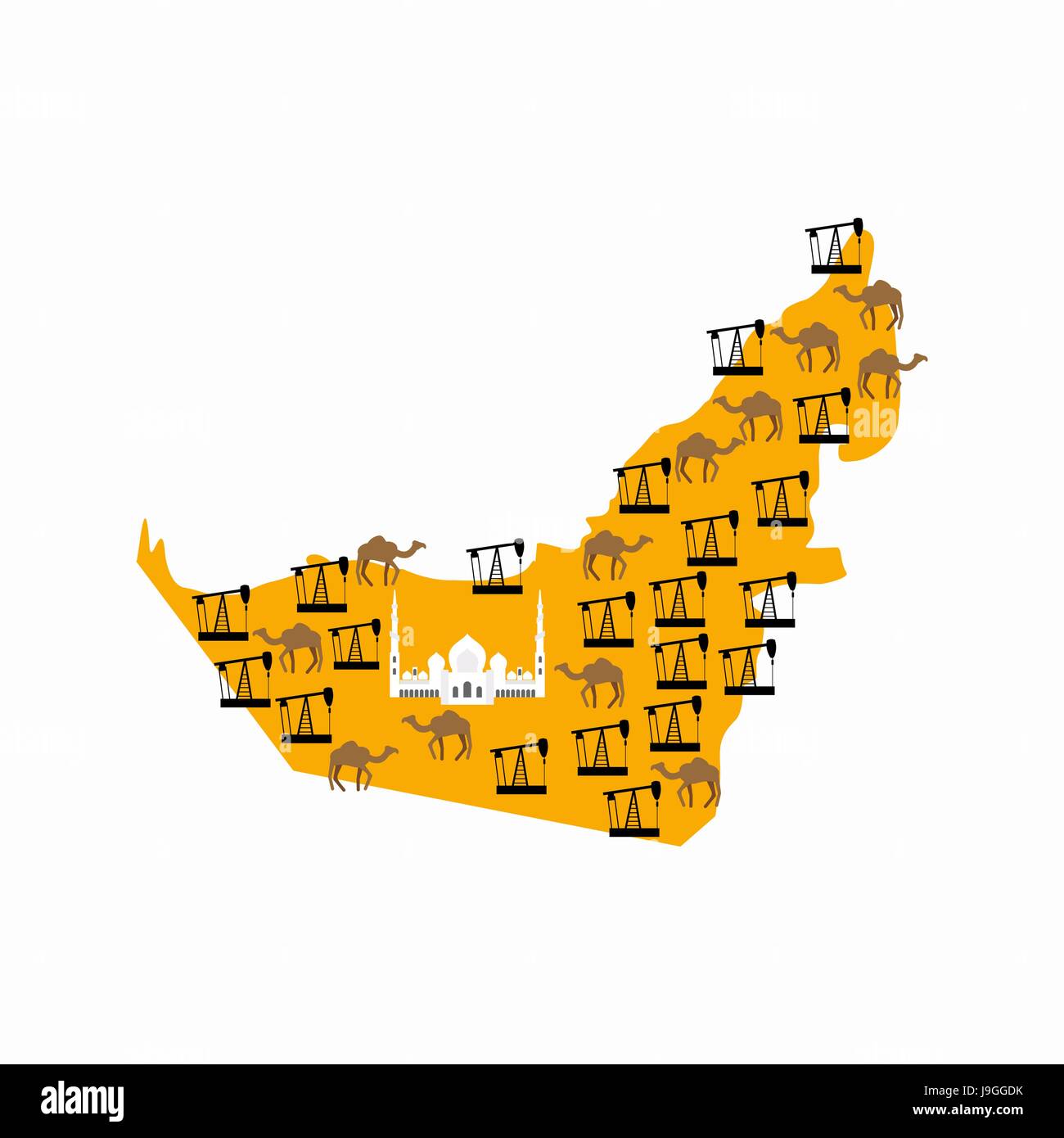 United Arab Emirates map. Camels and oil rigs country UAE Stock Vector ...