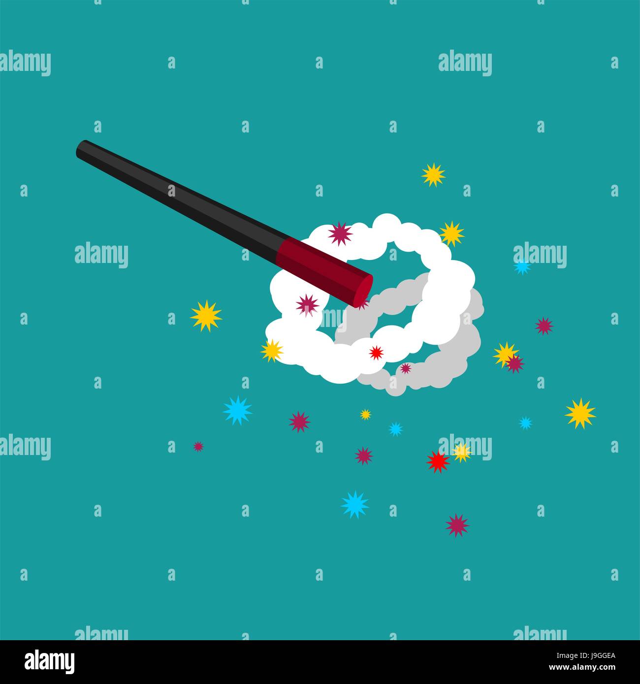Magic wand and magical explosion. White Cloudy with stars. Magic trick ...