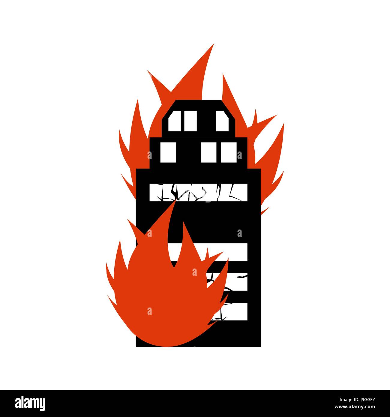 Burn building. Fire in facility. Arson home. Flames from office windows ...