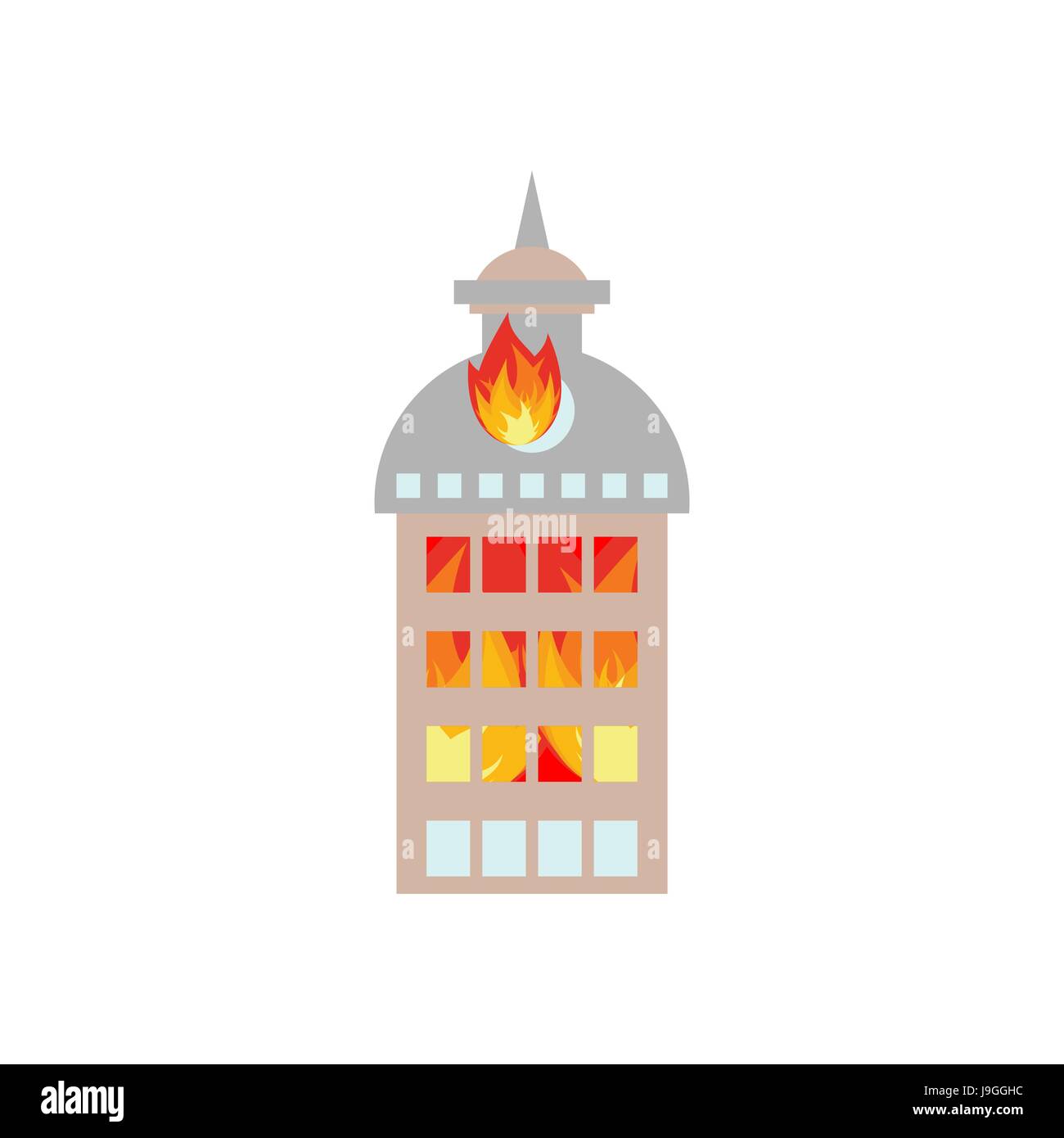 Fire in building. Flames from office windows. Arson home. Burn facility ...