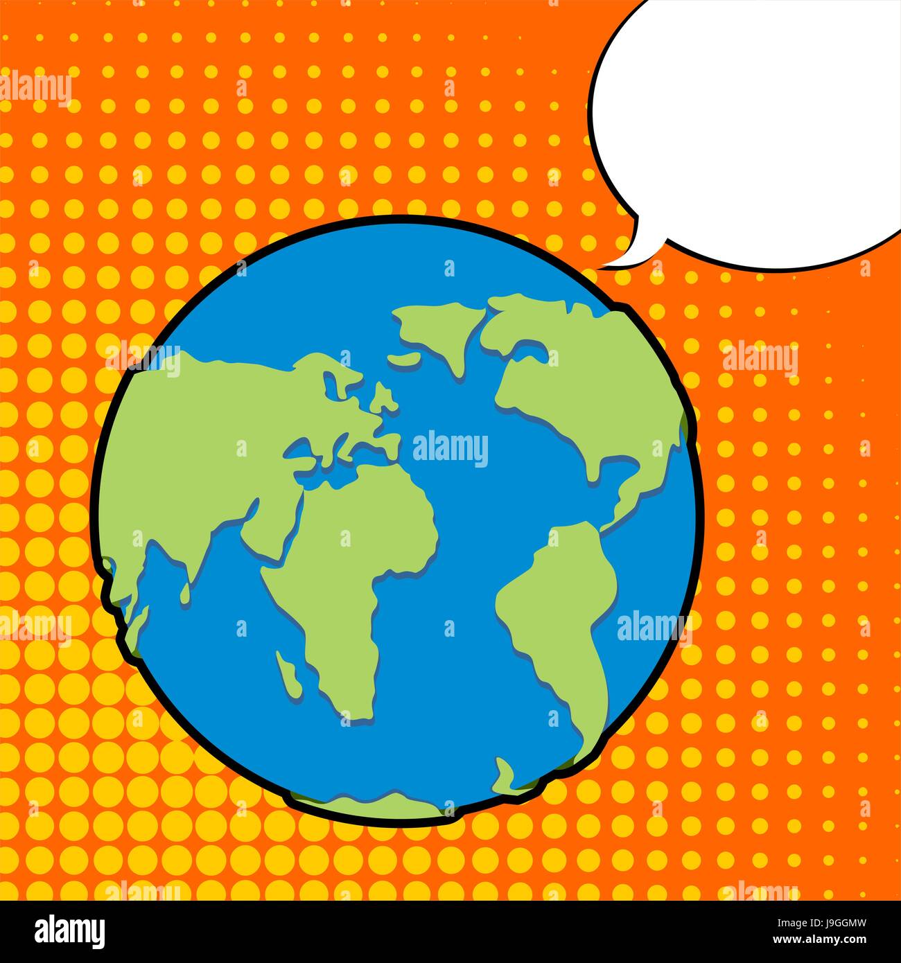 Earth in pop art style. Planet earth and bubble. Text bubble. Land says ...