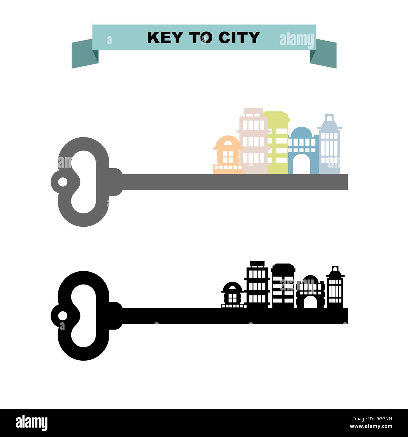 Key to sity. Vintage key and city buildings. Office skyscrapers and ...