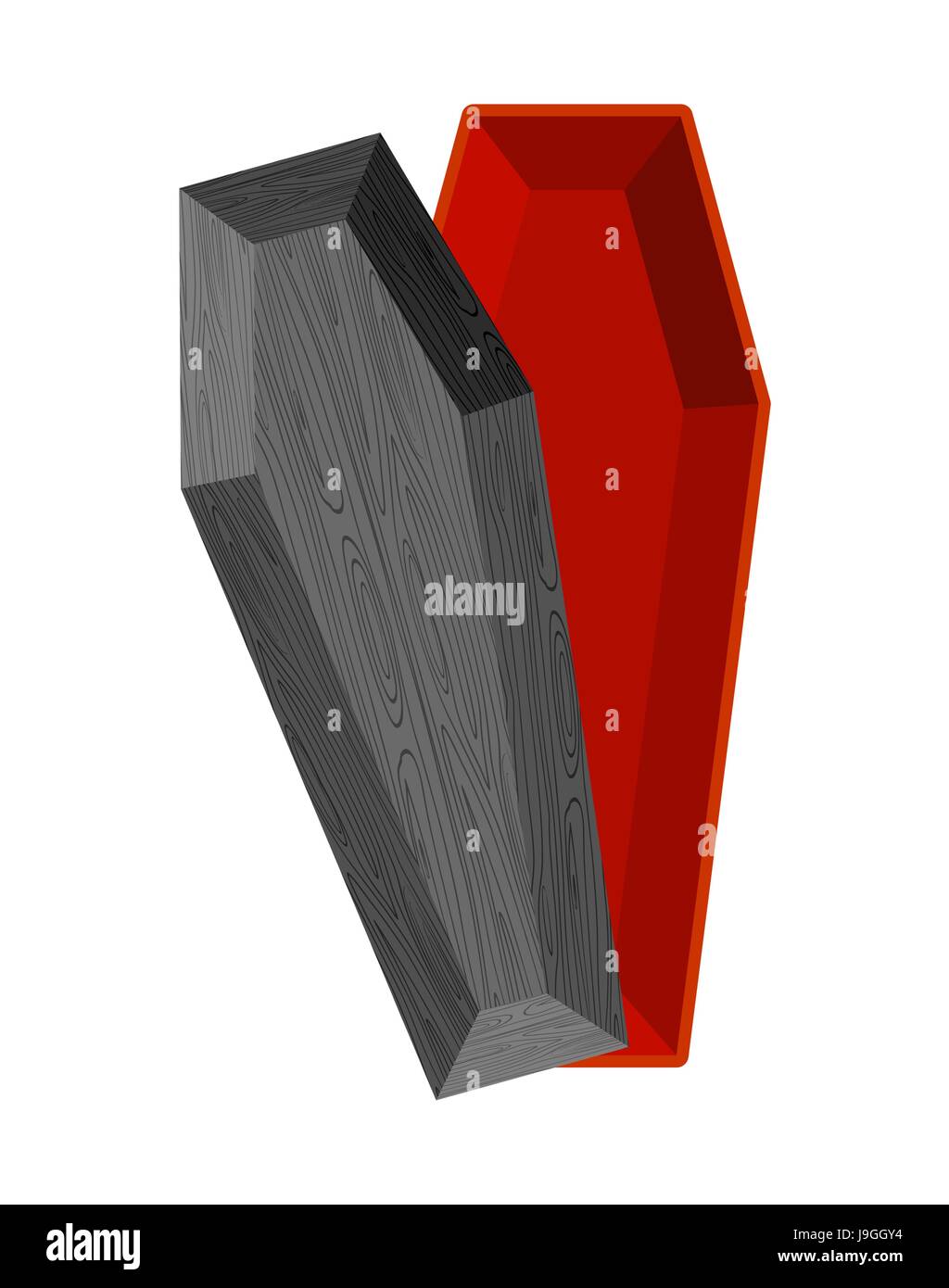 Black open coffin. Red interior of casket. Religious object for burial ...