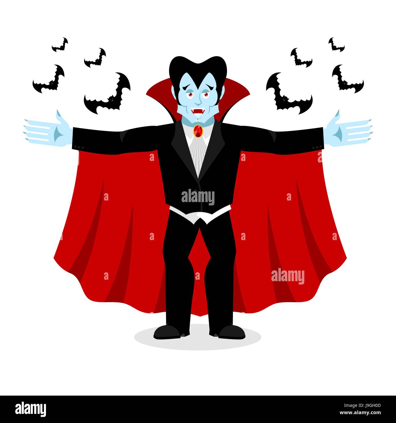 Happy Dracula in red mantle. Good cheerful vampire. ghoul and bats ...