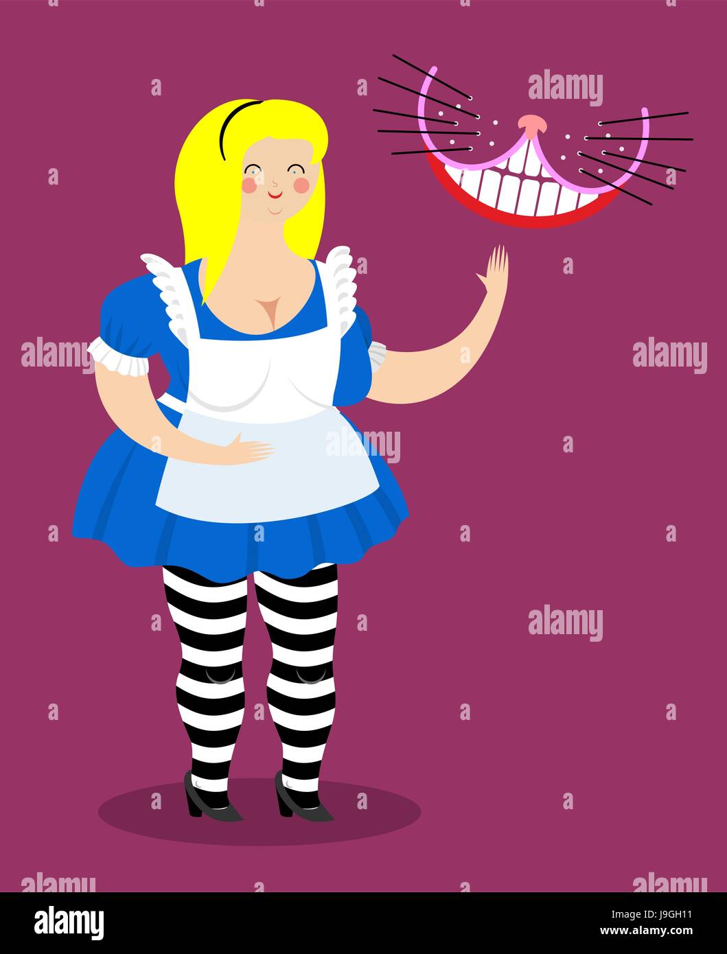Old fat Alice in Wonderland and Cheshire Cat. Woman and shabby fabulous ...