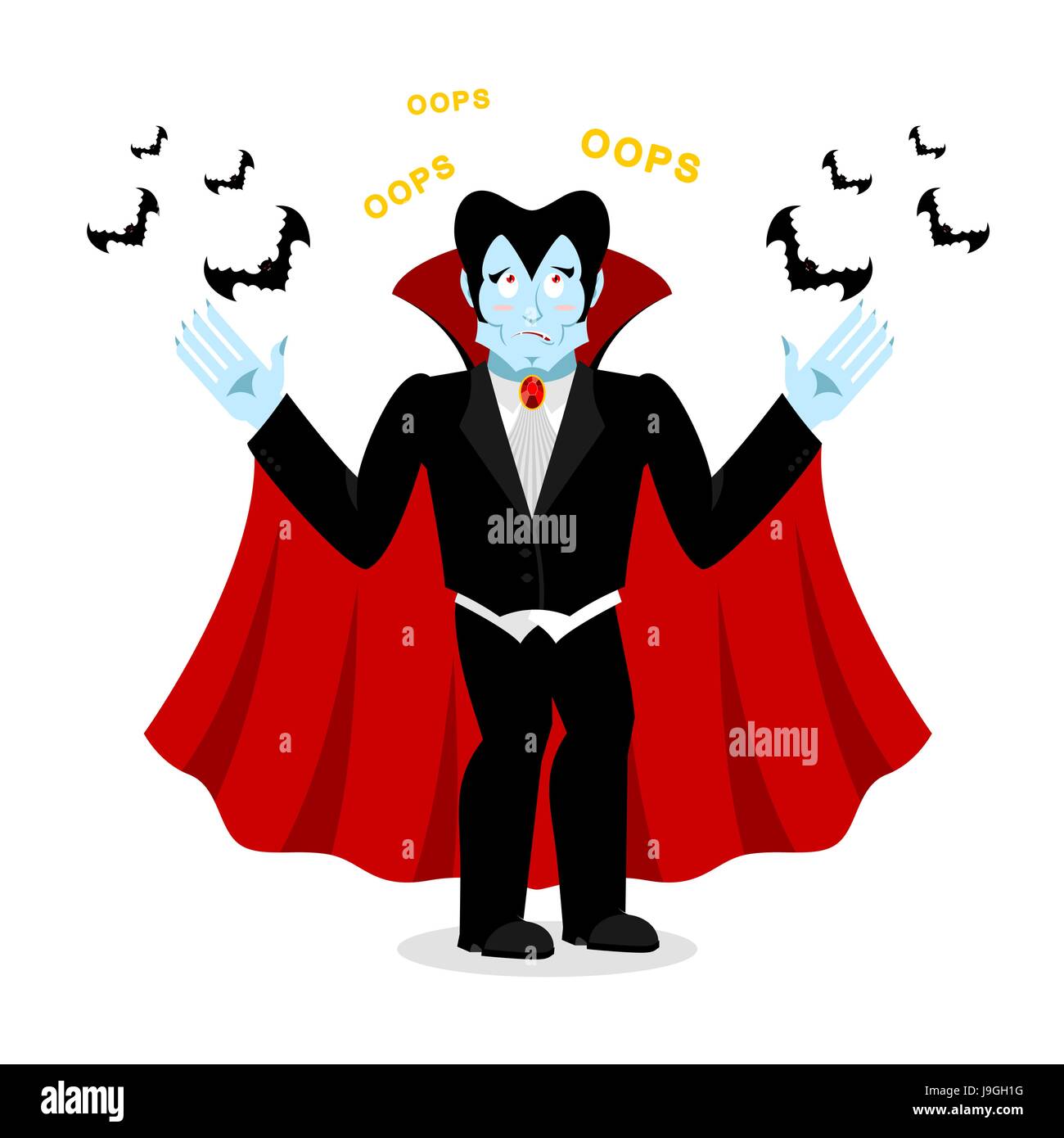 Surprised Dracula. Perplexed vampire says OOPS. Ghoul and bats Stock ...