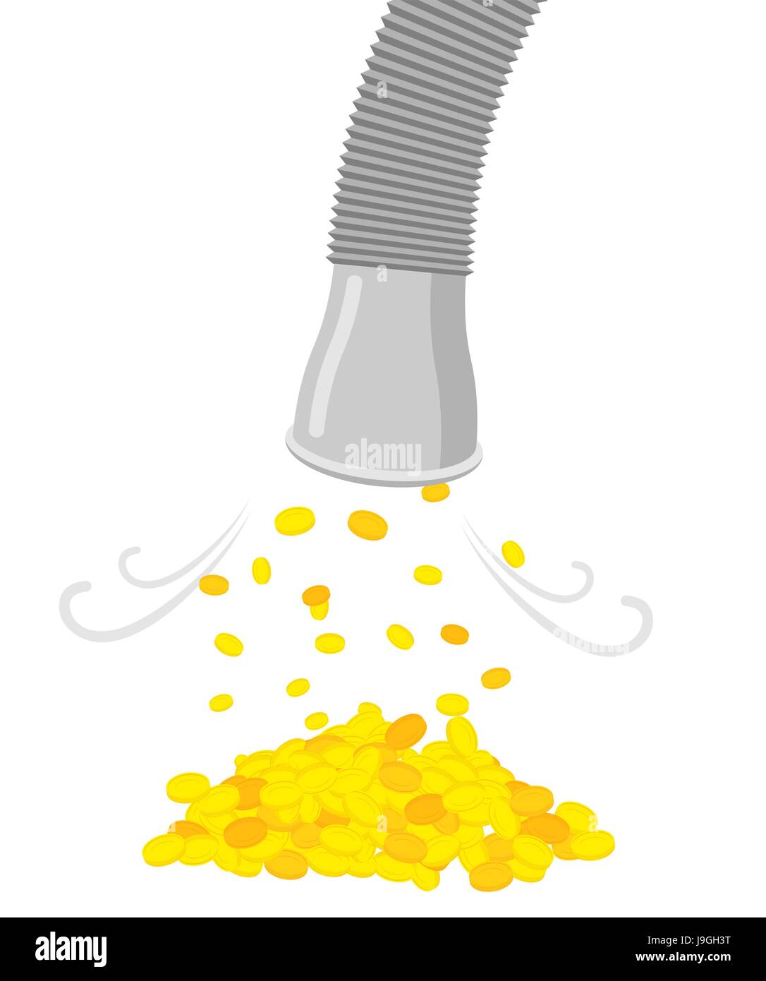 Pipe with money. Cash flow from pipeline. Flow of gold coins. Endless ...