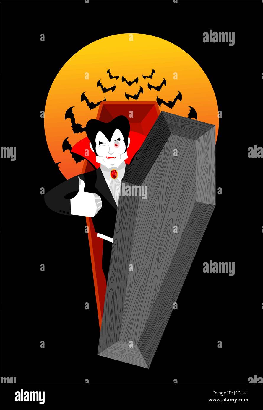 Dracula in coffin Thumbs up shows well. Vampire winks. Sign all right ...