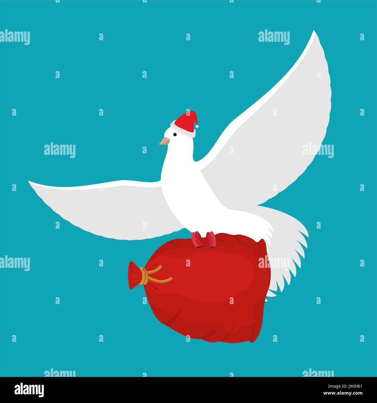 Pigeon Santa Claus carries sack with gifts. Red bag for toys and sweets ...