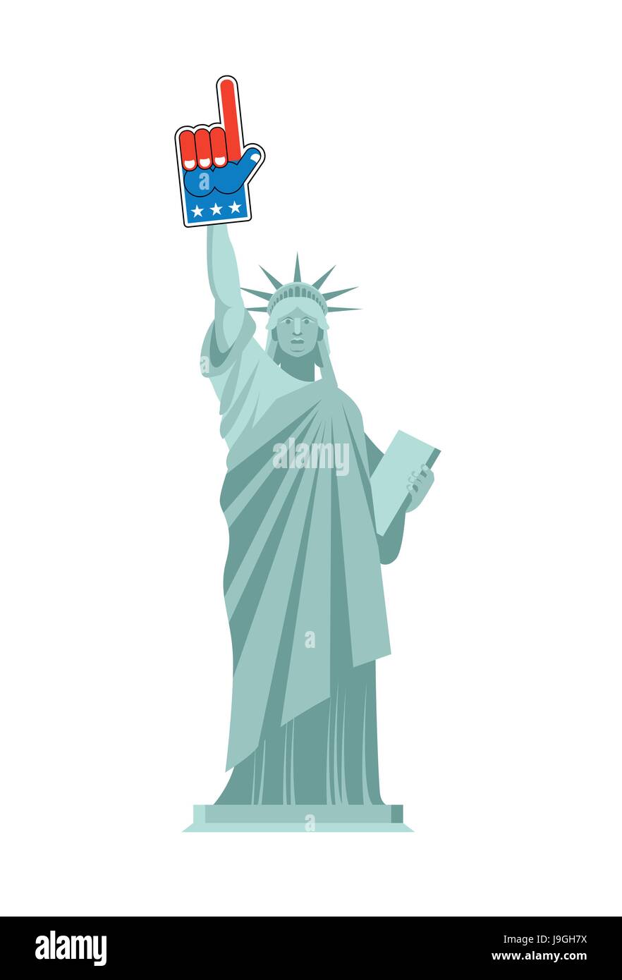 Statue of Liberty and foam finger. Landmark US keeps on hand sports ...