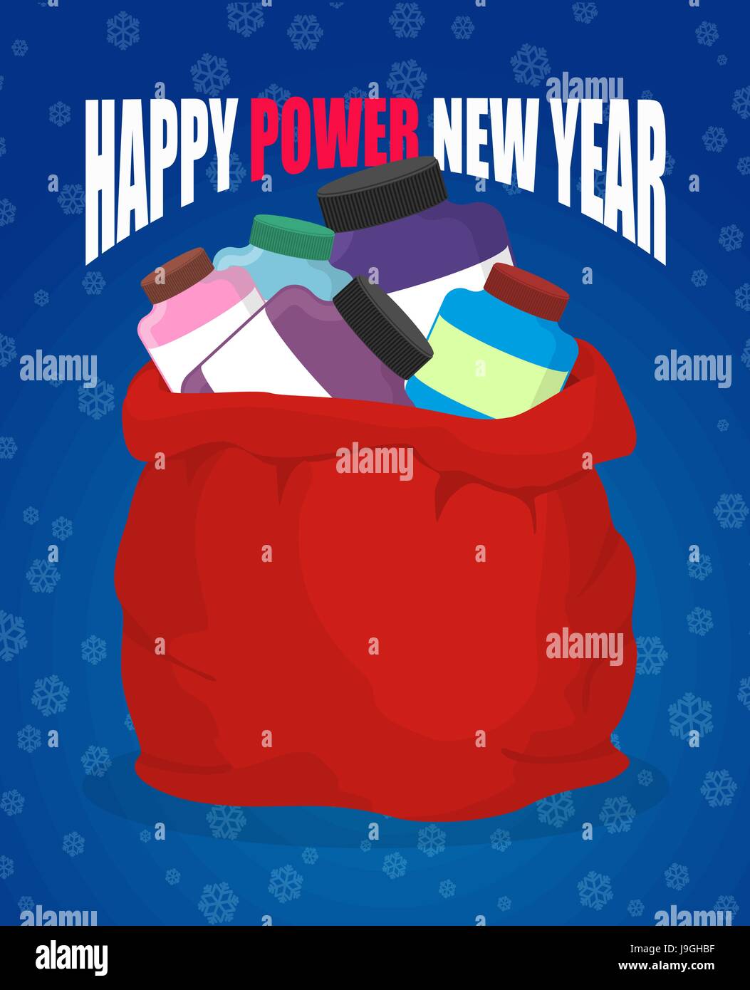 Happy power new year. Protein in red sack of Santa Claus. Big bag with ...