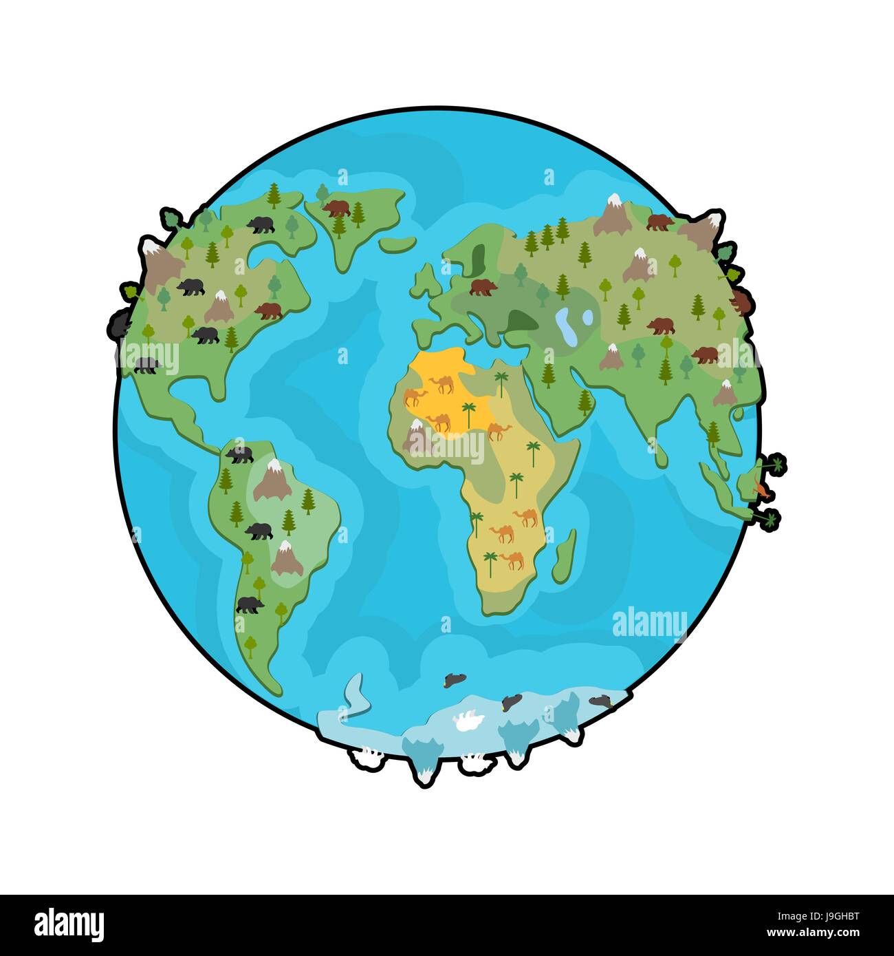 Planet earth and animals. Beast on continents. World map. Geographical ...