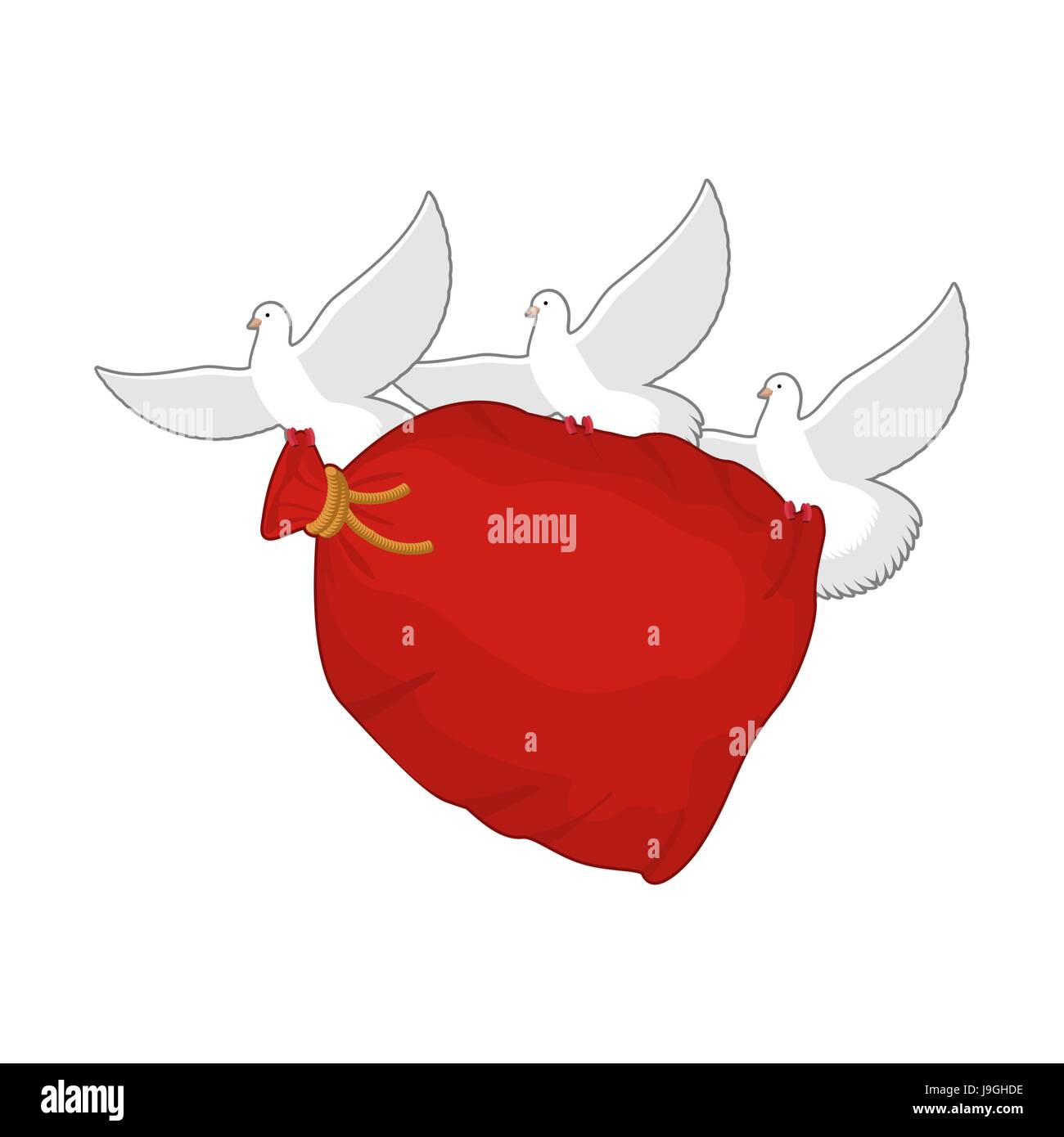 Pigeon Santa Claus carries sack with gifts. Red bag for toys and sweets ...