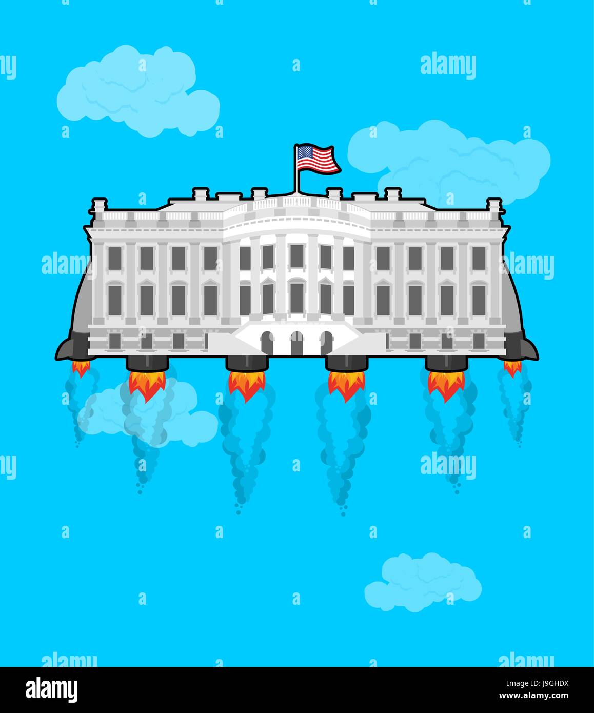 White house Flying with rocket turbo. USA President Residence in space ...