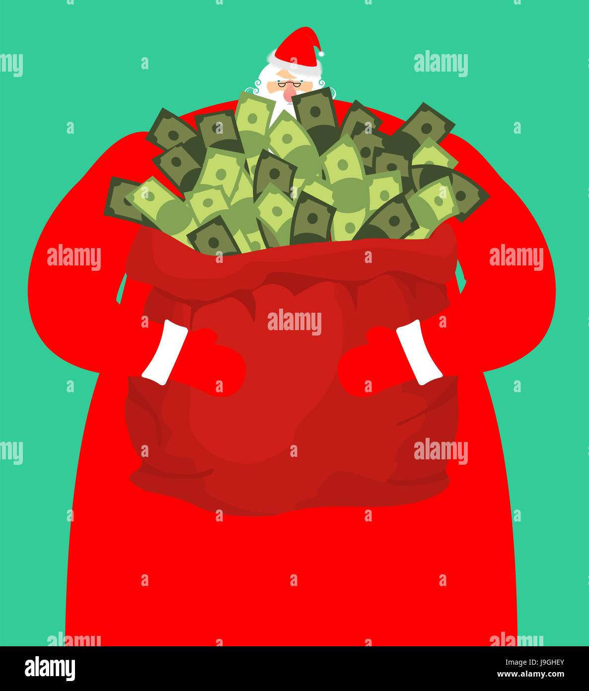 Rich santa and red bag with money. Claus sack of cash. Expensive gift ...