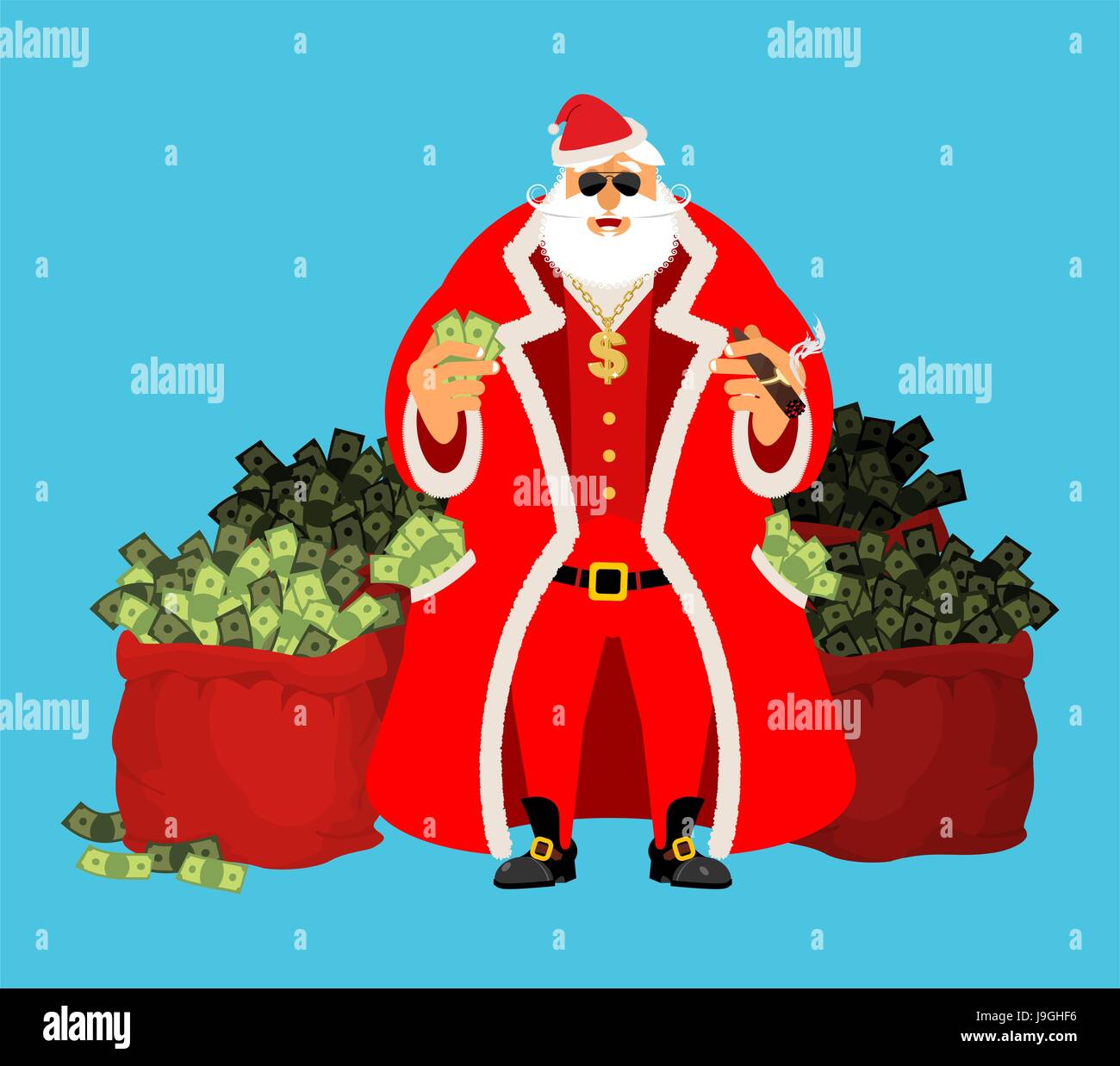 Cool Santa and red bag with money. Claus after work. Pocketful of cash ...