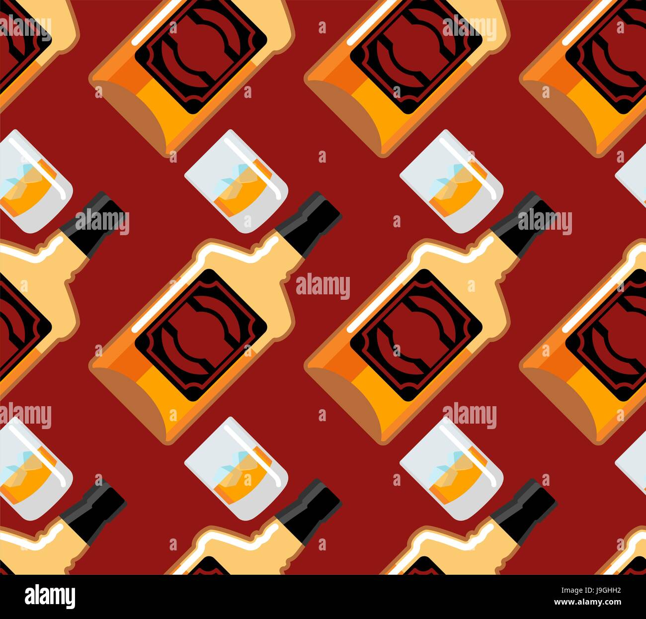Bottle Scotch seamless pattern. Glass of whiskey and ice ornament ...