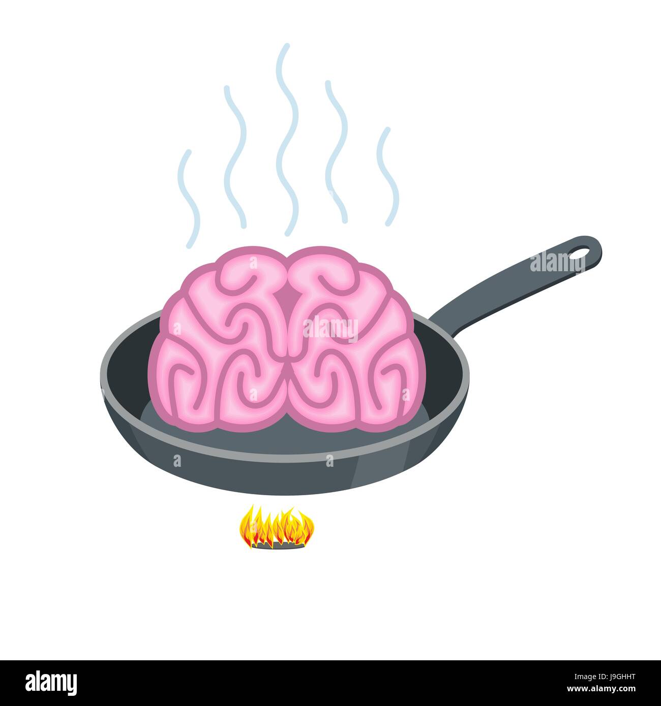 Brain in frying pan. Delicacy for Asia. Fry Pink brains on cast-iron ...
