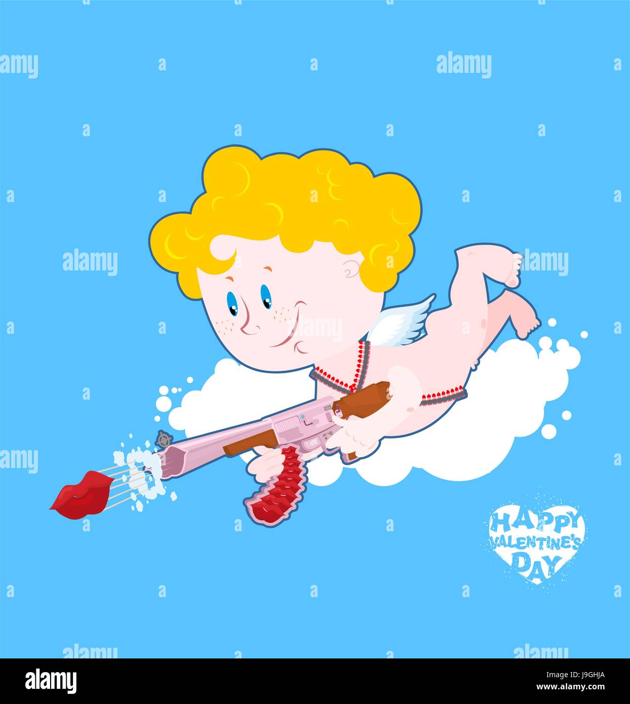 Valentines day. Cupid on cloud. Funny Angel with gun. Cute curly haired ...