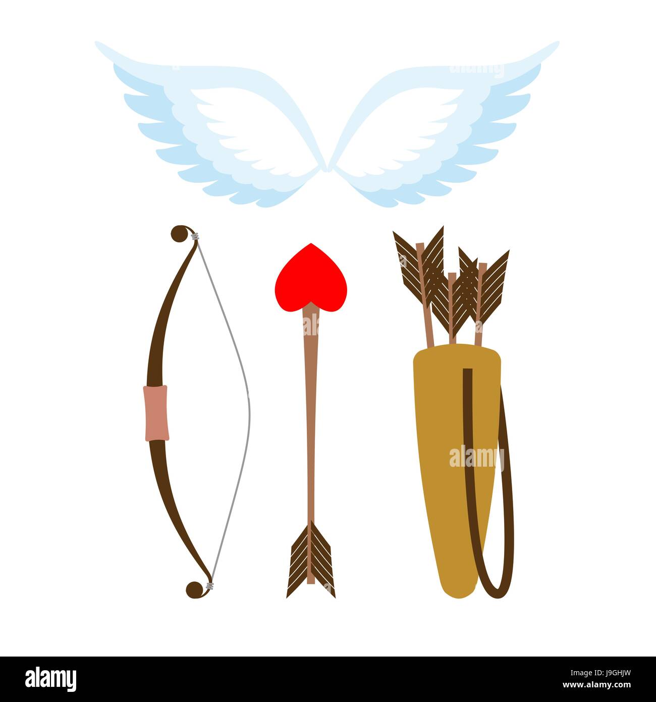 Cupid weapons set . Bow and arrow with heart. Quiver with arrows. Angel ...