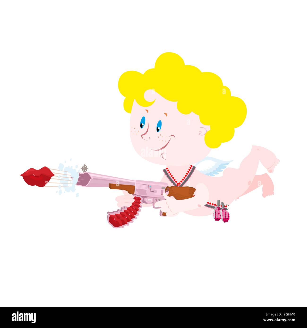 Armed with Cupid. Cute little angel with arms. Automatic, loaded with ...