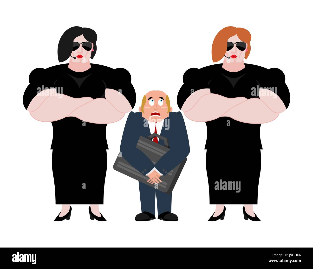 Bodyguard wooman and businessman with suitcase. VIP protection. Black ...