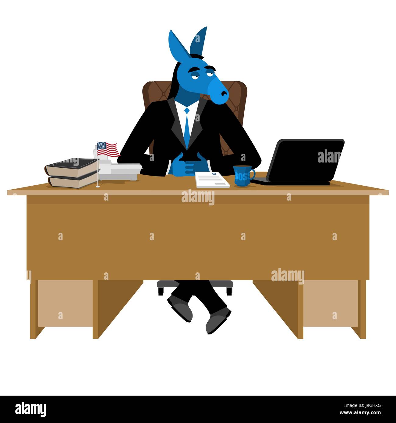 Blue Donkey Democrat sitting in office. Animal boss at table. Symbol of ...