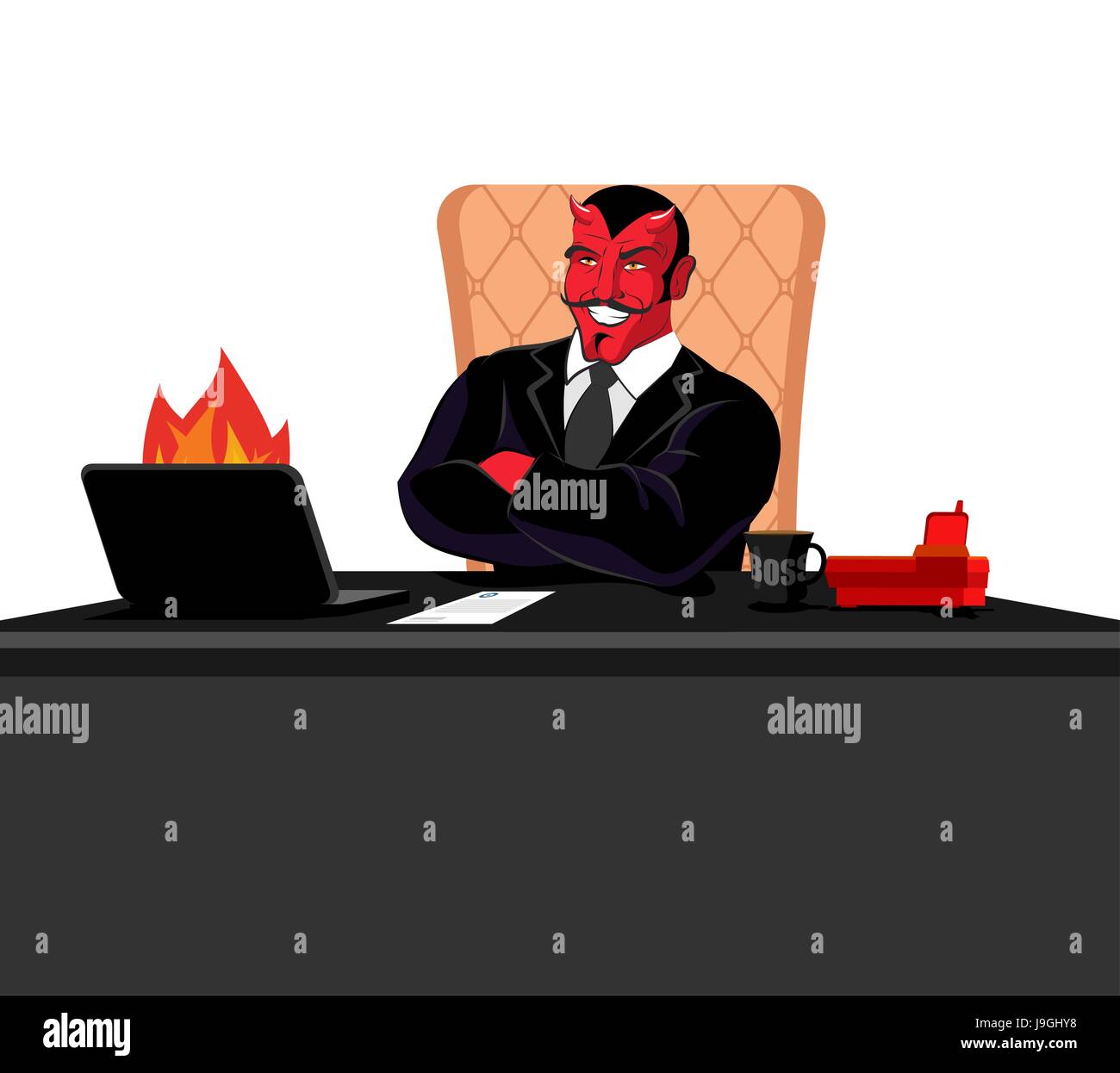 Satan boss sitting in office. Devil of workplace. Red demon at work ...