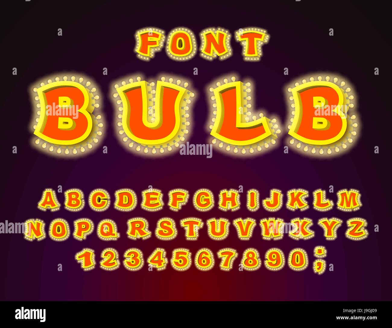 Bulb font. Glowing letters. Retro Alphabet with lamps. ABC pointer with ...
