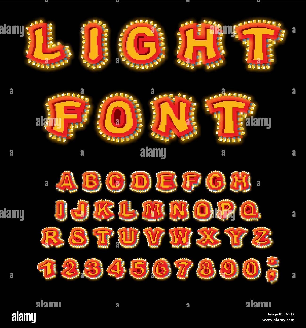 Light font. Retro Alphabet with lamps. Glowing letters. ABC pointer ...