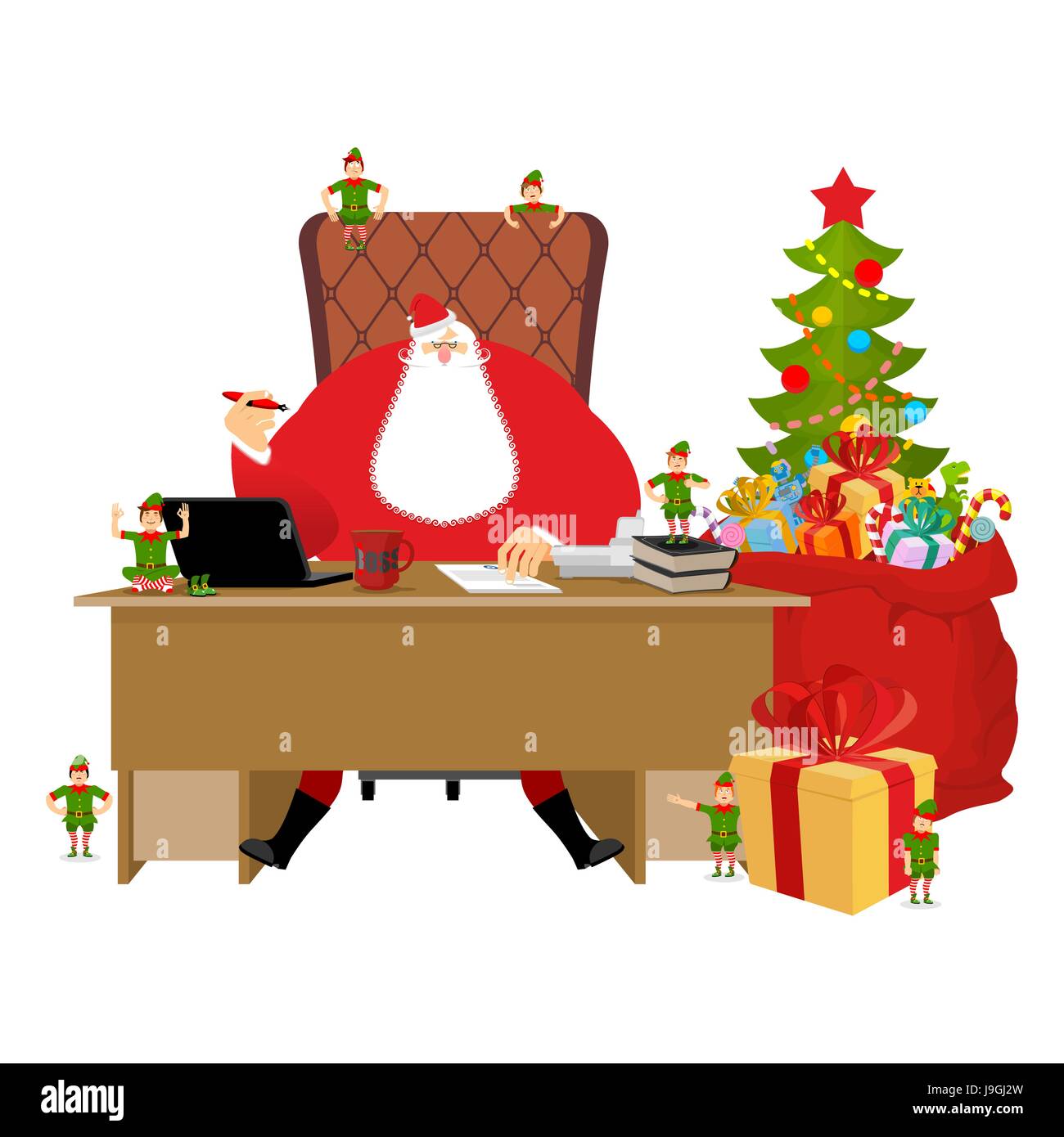 Santas Working office. Claus at work. Christmas elf helper. Big red bag ...