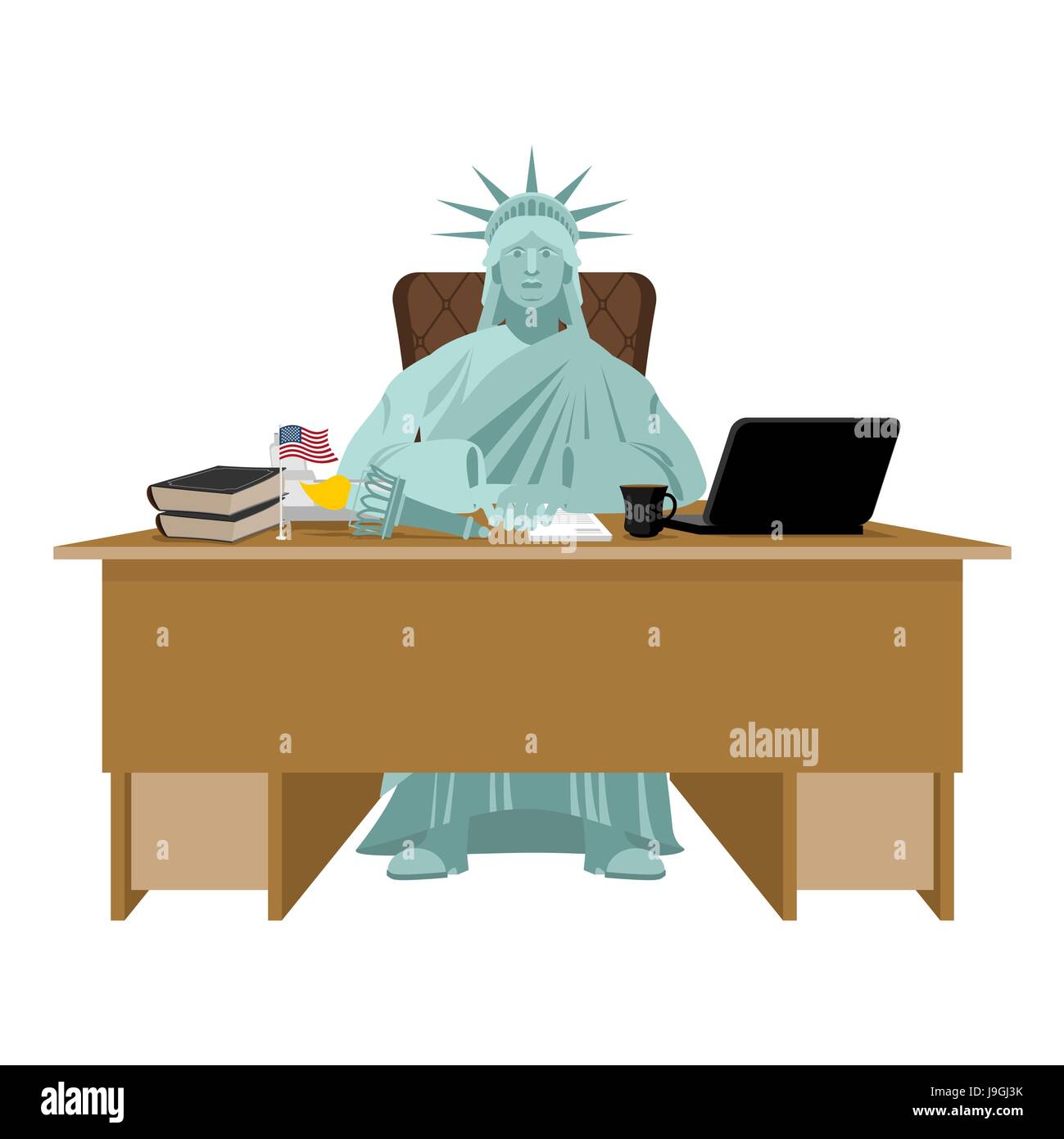 Statue of Liberty sitting in office. American boss at table ...