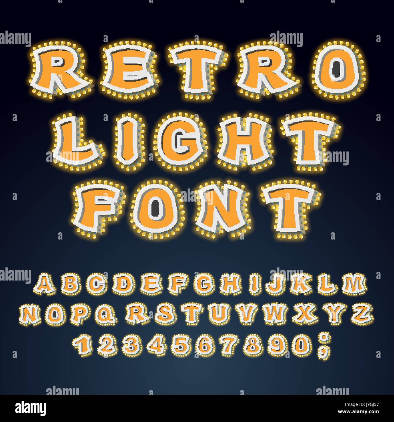 Retro Light font. Glowing letters. Alphabet with lamps. ABC pointer ...