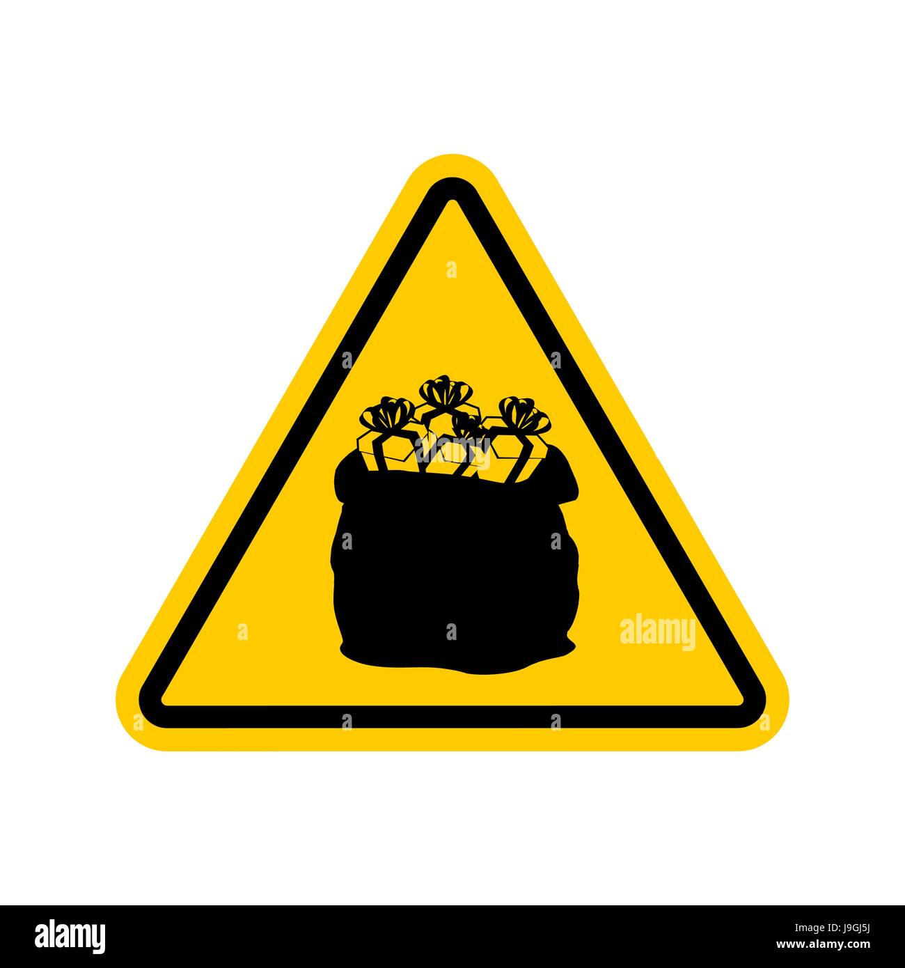 Warning sign attention Christmas gift. Santas sack with triangle ...