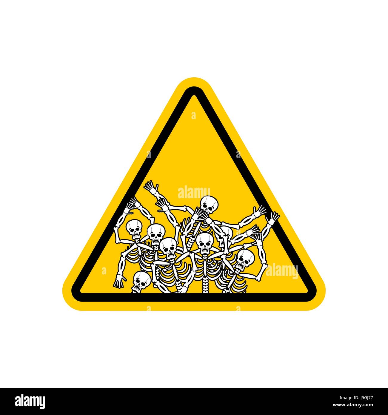 Warning sign of attention sinners. Dangers yellow sign dead. Skeletons ...