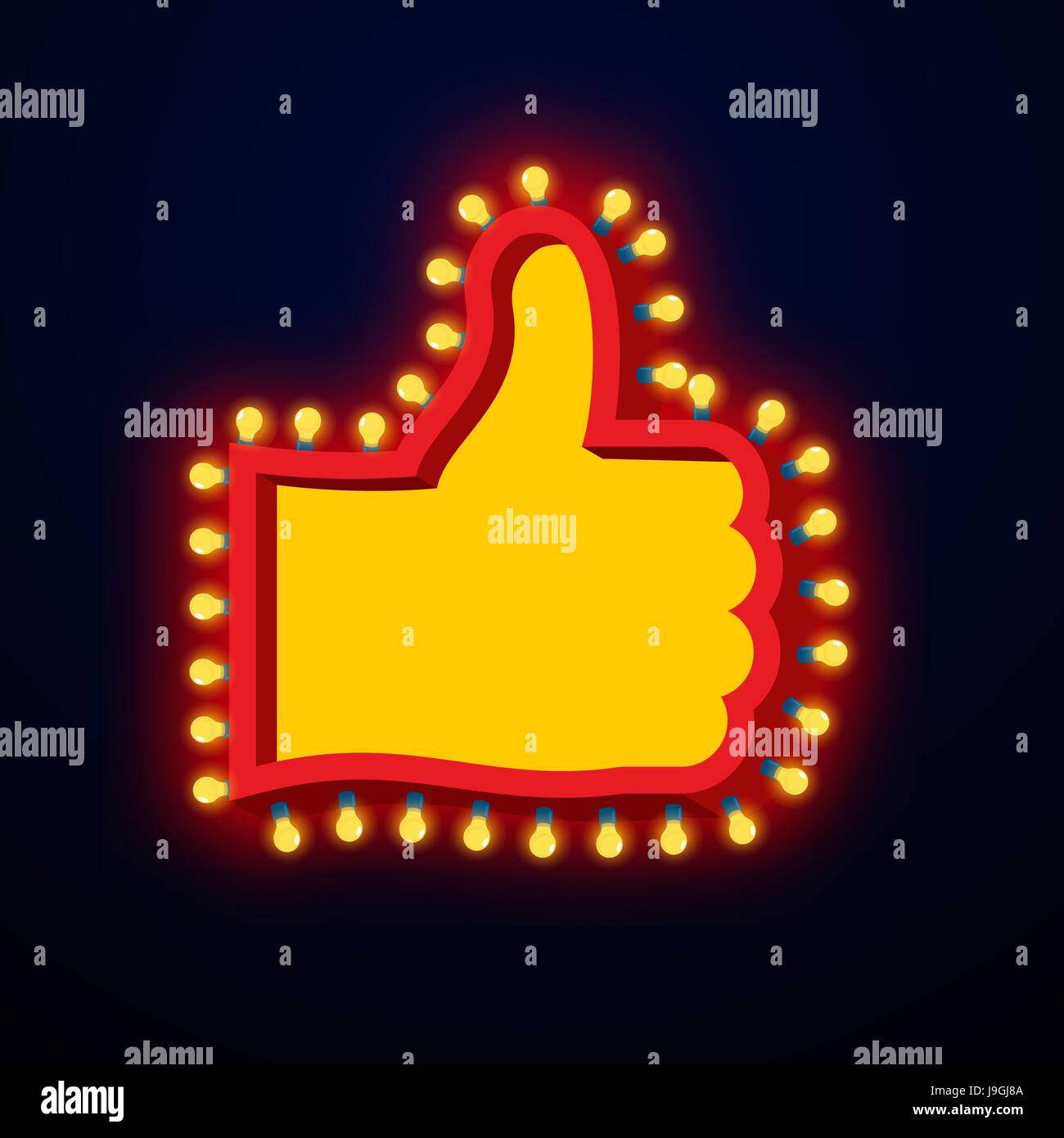 Like sign with glowing lights. Thumb up symbol of retro plate Hand with ...