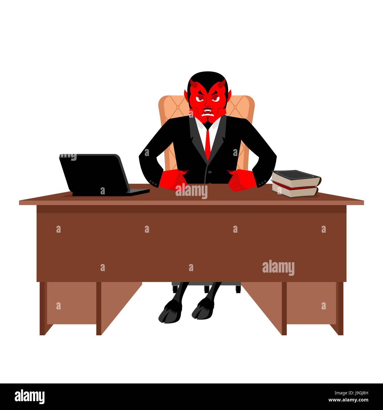 Diablo boss sitting in office. Devil of workplace. Red demon at work ...