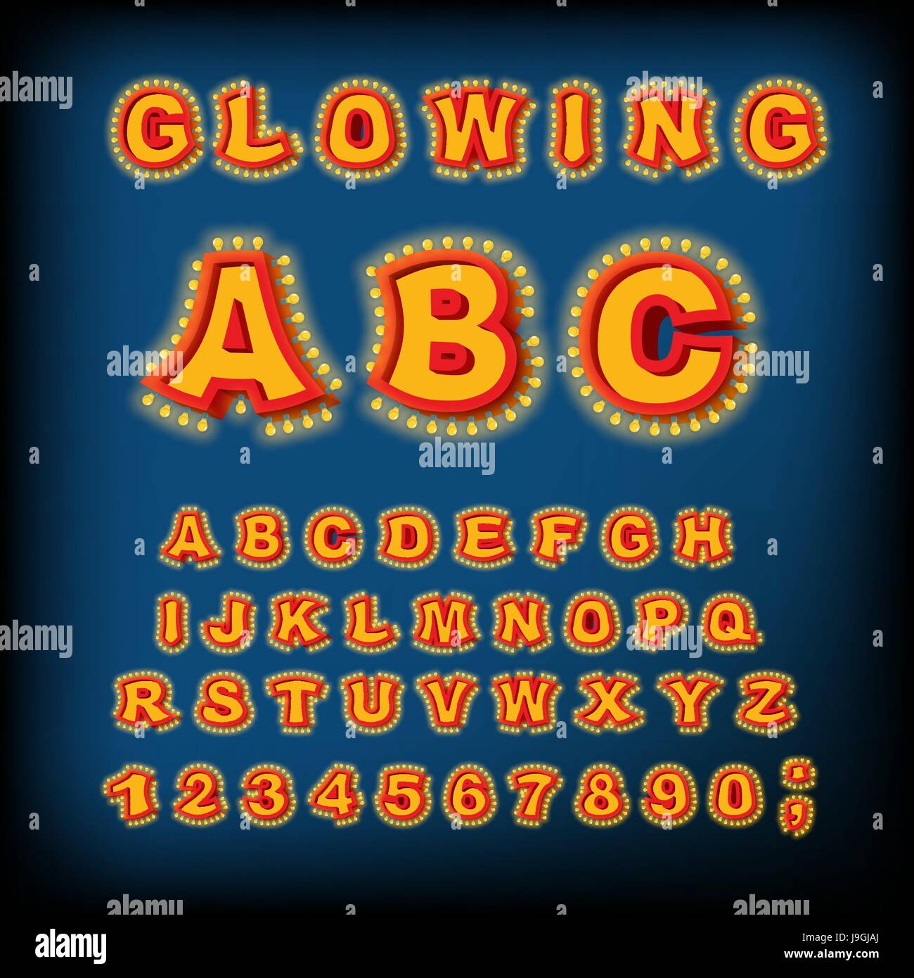 Glowing ABC. Light font. Retro Alphabet with lamps. font pointer with ...